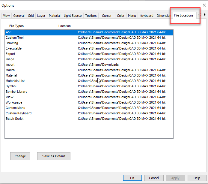 File Location Options - DesignCAD 2021 User Guide